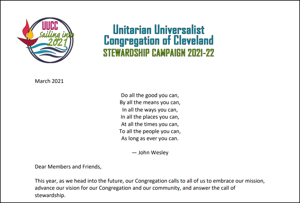 Stewardship Letter - Unitarian Universalist Congregation of Cleveland